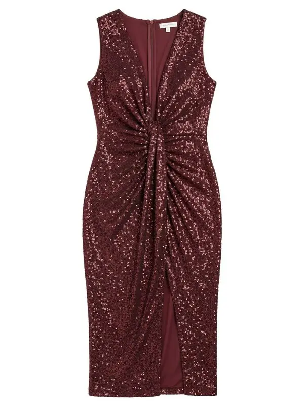 LATELIER LONDON Sequin Plunge Bodycon Midi Dress - Red