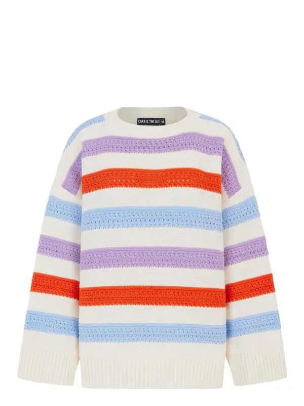 CARA & THE SKY Lauren Rainbow Crochet Stripe Jumper - White/blue