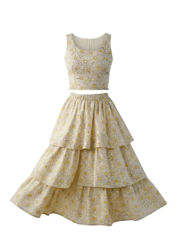 CHARKHA & LOOM Hand Block Printed Cotton Tiered Skirt Set - Beige/yellow