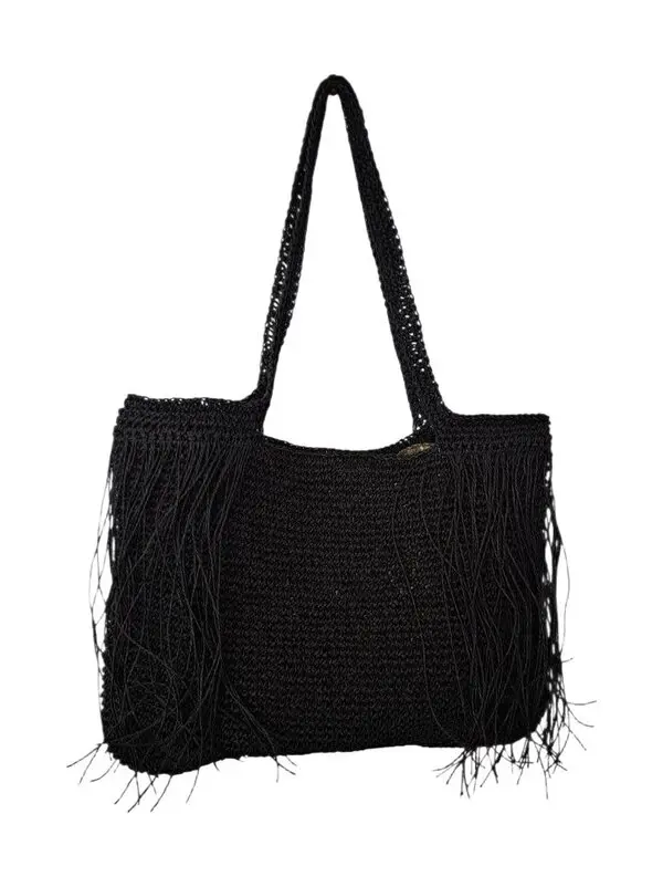 SPRINGMOONATELIER Handmade Raffia Tassel Tote Bag - Black