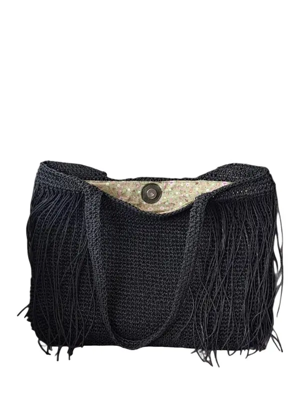 SPRINGMOONATELIER Handmade Raffia Tassel Tote Bag – Large And Beach Shoulder Bag - Black