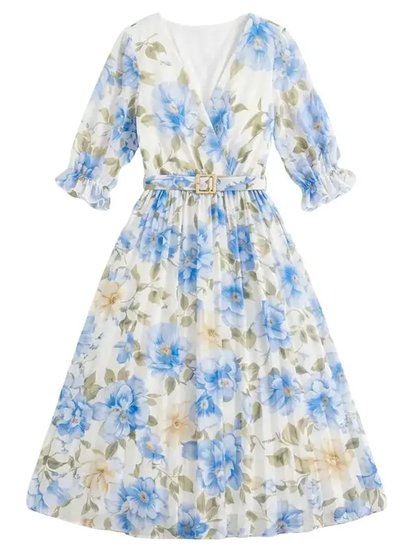 LATELIER LONDON Floral Pleated Midi Dress - Blue
