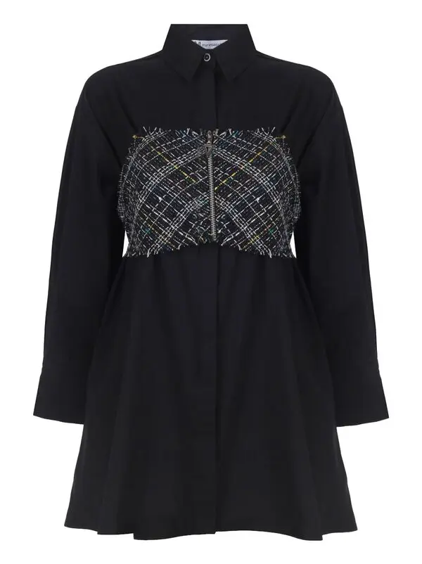 MIRIMALIST Oversized Poplin Shirt With Tweed Bustier - Black
