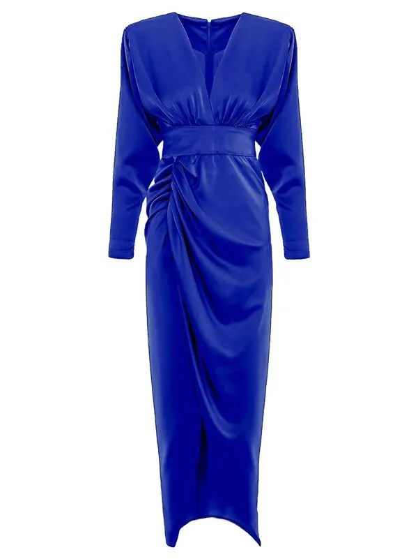 BLUZAT Satin Midi Dress With Draping - Blue