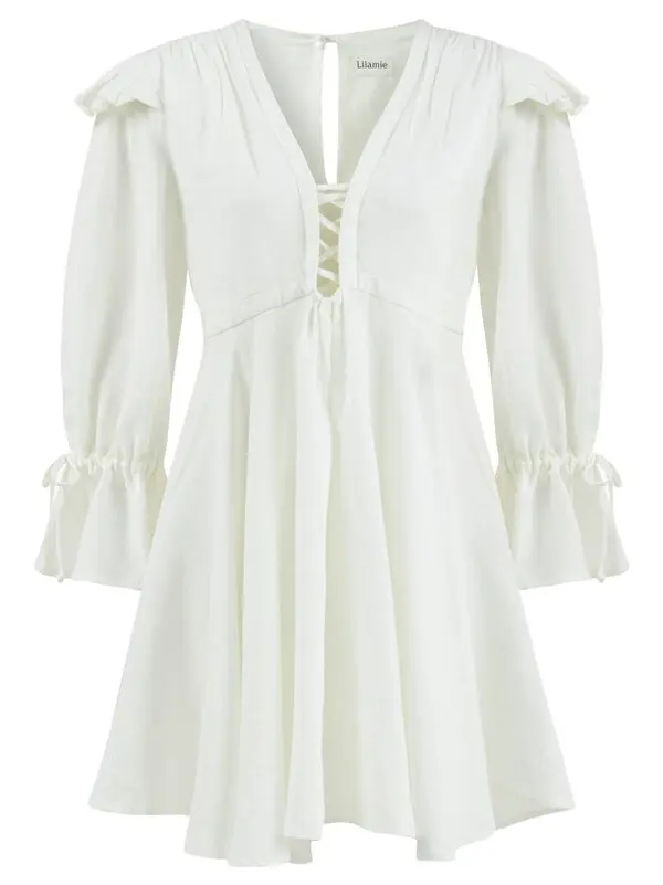 LILAMIE Sicily Linen Mini Dress With U-neckline And Long Sleeves - White