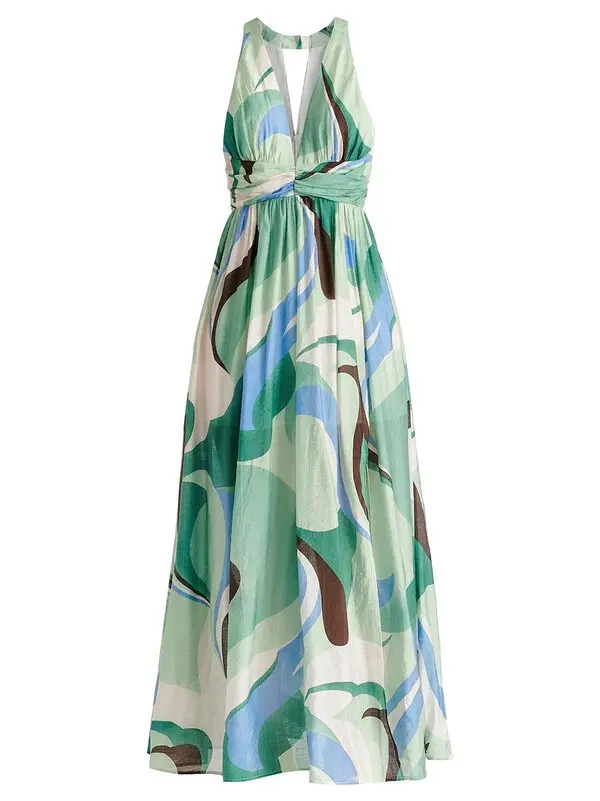 PAISIE Retro Wave Halter Neck Maxi Dress - Blue/brown/green/white
