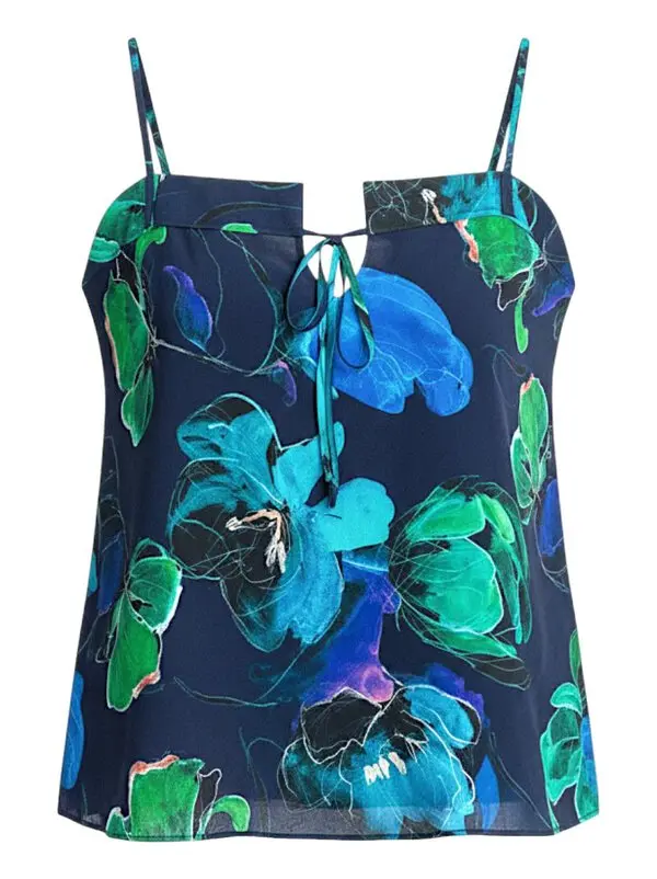 STOVARIA Floral Crepe Silk Strappy Blouse - Blue