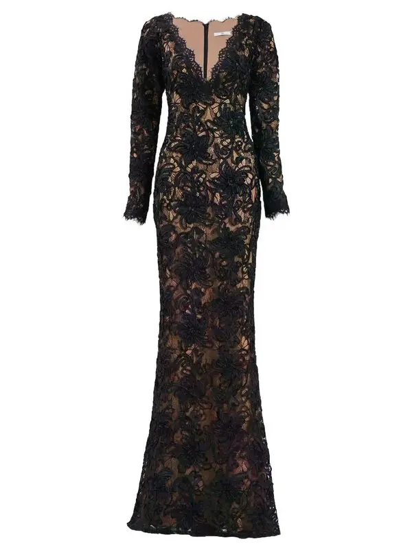 Tadashi Shoji Floral Lace Long-sleeve Maxi Dress - Black