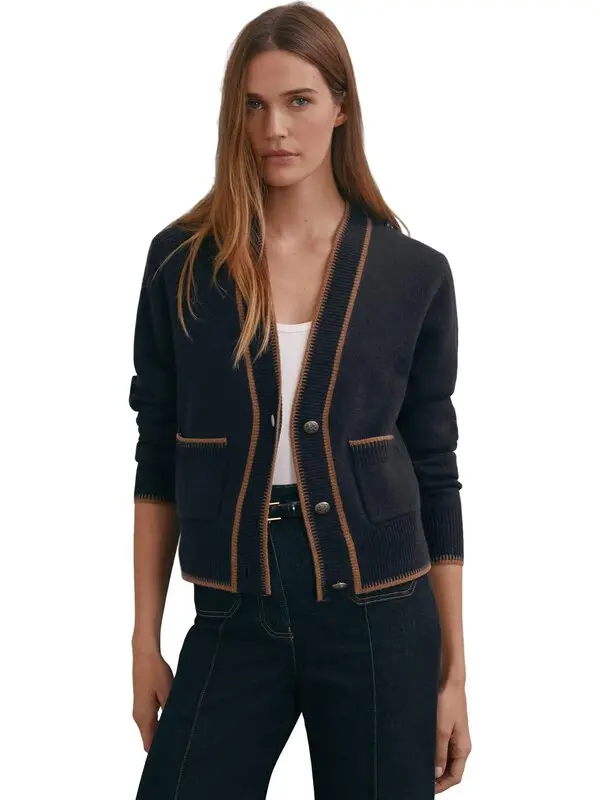 REISS Louisa Wool-cashmere Tipped Cardigan - Navy/camel