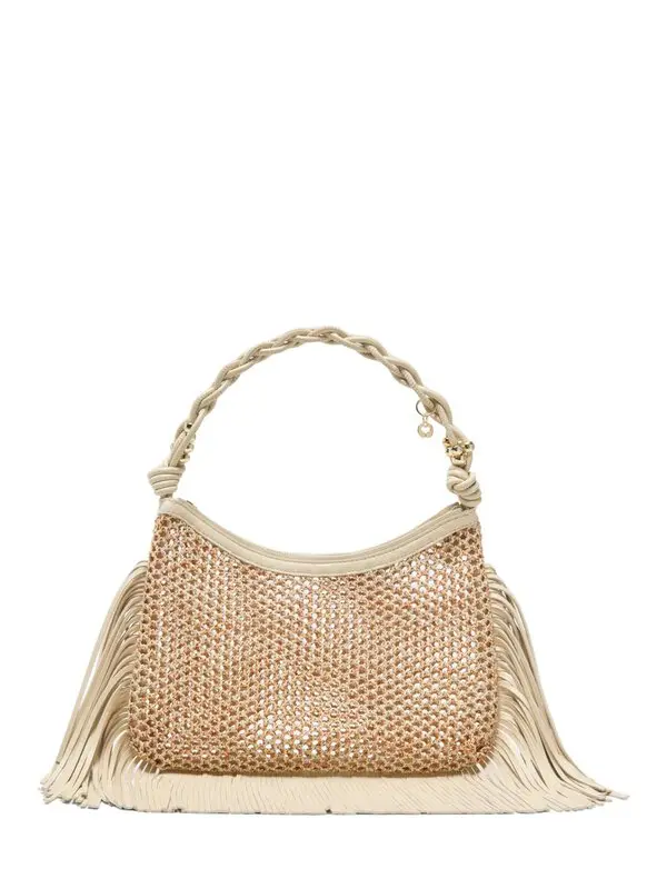 Maje Fringed Mesh Hobo Bag - Nude