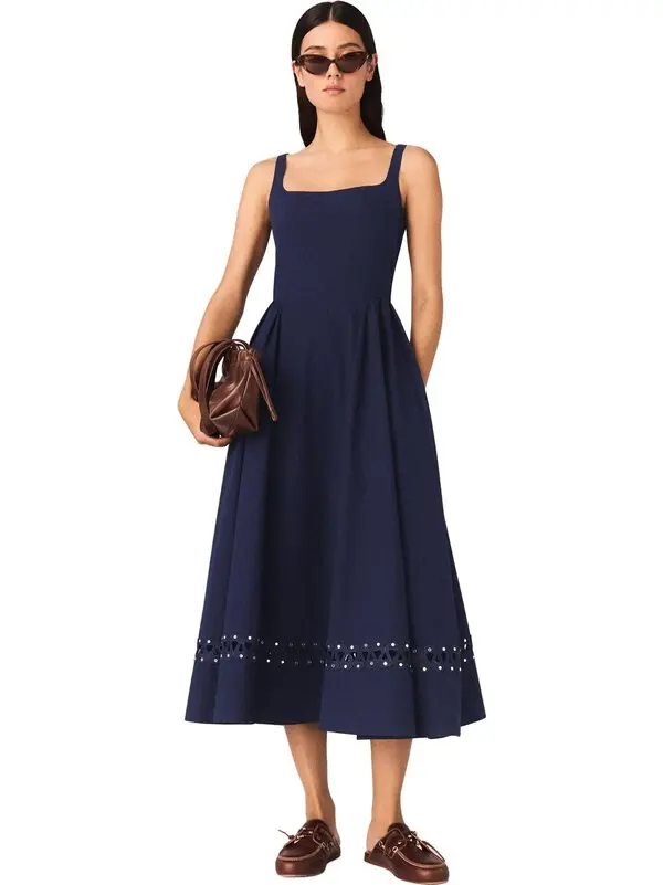 Maje Cotton Fit-and-flare Midi Dress - Navy