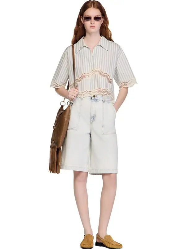 Sandro Cropped Striped Shirt With Lace Trim - Ecru / Bleu