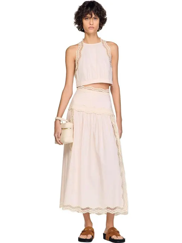 Sandro Maxi Flared Cotton Skirt With Lace Trim - Light Pink