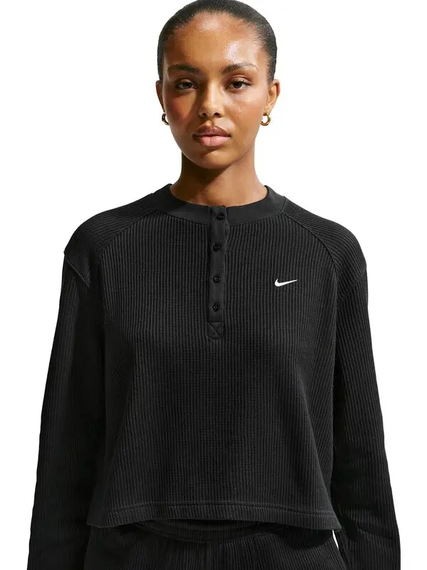Nike Chill Waffle Oversized Long-sleeve Henley Top - Black
