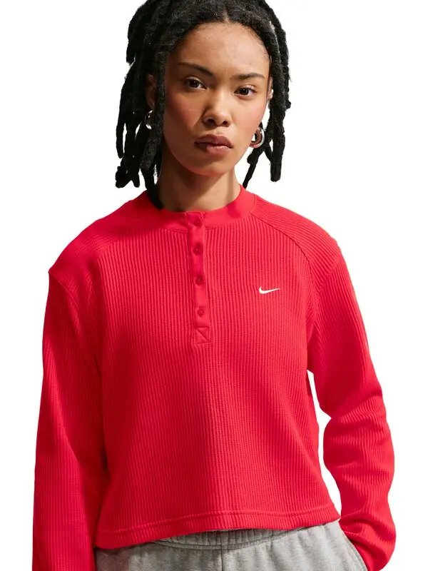 Nike Sportswear Chill Waffle Oversized Long-sleeve Henley Top - Red