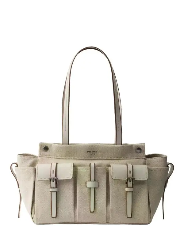 Prada Large Canvas And Leather Tote Bag - Neutrals