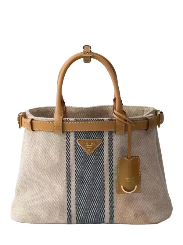 Prada Medium Canvas And Leather Handbag With Buckle - Neutrals
