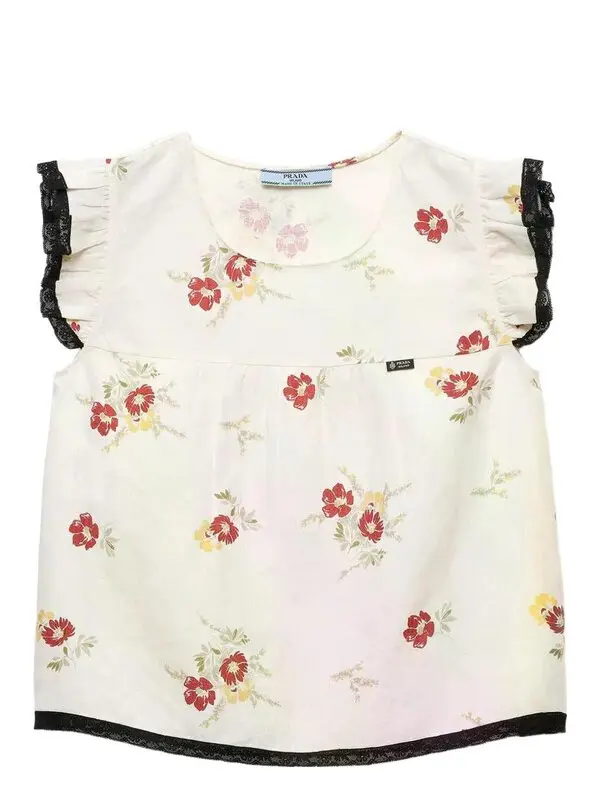 Prada Linen Top With Floral Motif And Lace Trim - Neutrals