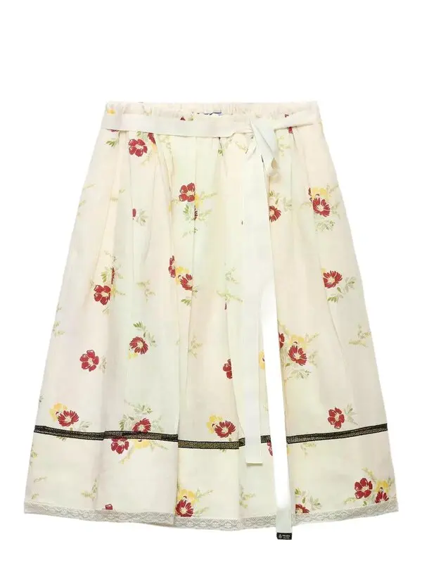Prada Floral Print Linen Midi Skirt - Neutrals