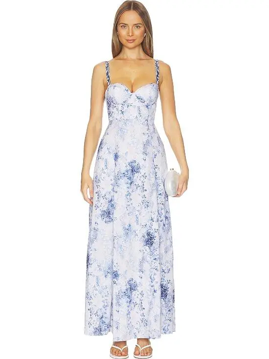L'Agence Sutton Strap Maxi Dress - Ivory & Blue Watercolor Lace Paisley