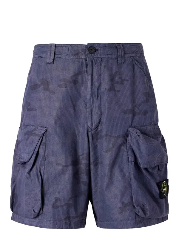 Stone Island Camouflage Straight-leg Ripstop Cotton-blend Shorts - Blue