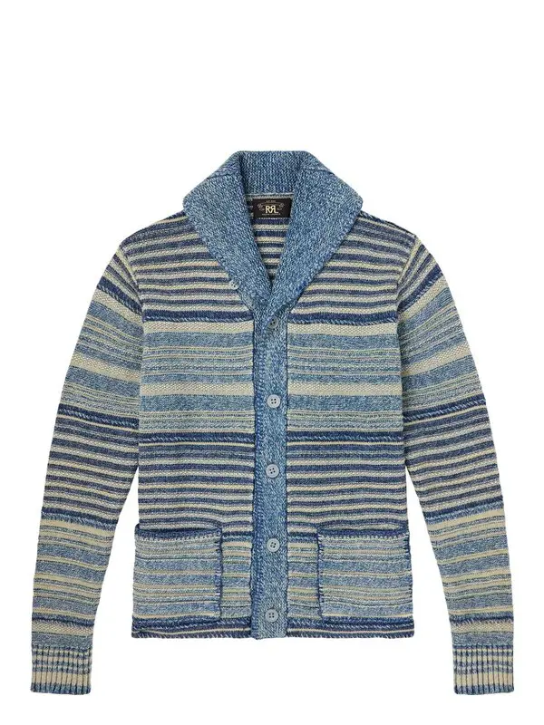 Ralph Lauren Shawl-collar Striped Cotton And Linen-blend Cardigan - Blue