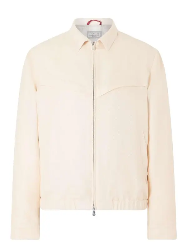 Brunello Cucinelli Herringbone Wool, Silk And Linen-blend Blouson Jacket - Cream