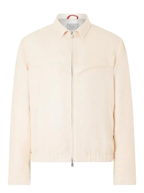 Brunello Cucinelli Herringbone Wool, Silk And Linen-blend Blouson Jacket - Neutrals