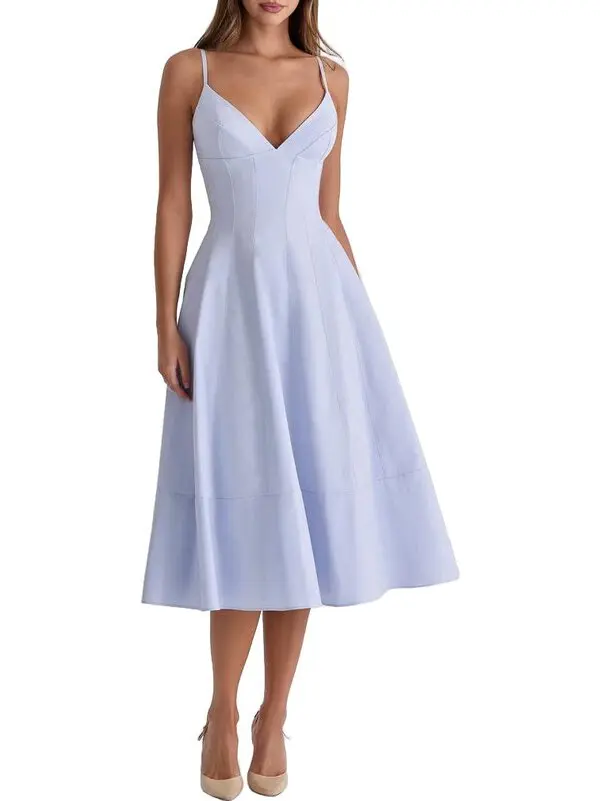 House Of Cb Corset Bodice Stretch Cotton Cocktail Dress - Bluebell