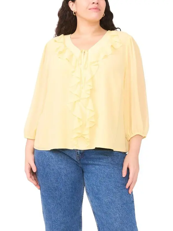 Vince Camuto Double Ruffle Tie Neck Top - Mellow Yellow
