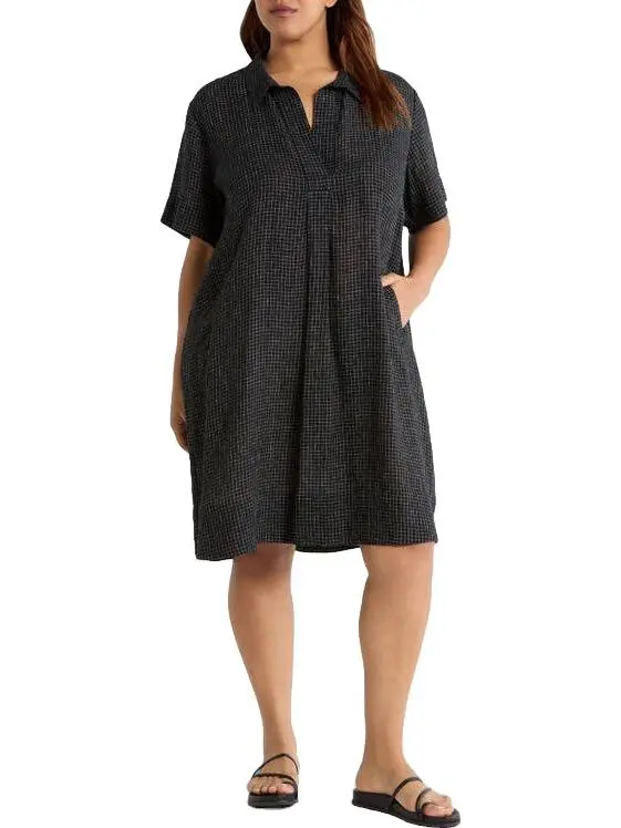 Eileen Fisher Windowpane Plaid Elbow Sleeve Organic Linen Shift Dress - Black/white