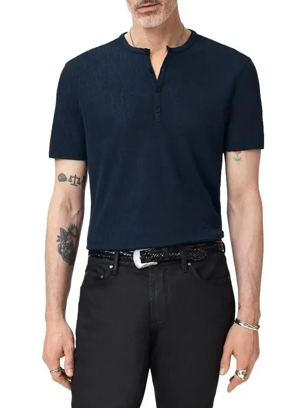 John Varvatos Egon Texture Knit Short Sleeve Henley - Deep Blue