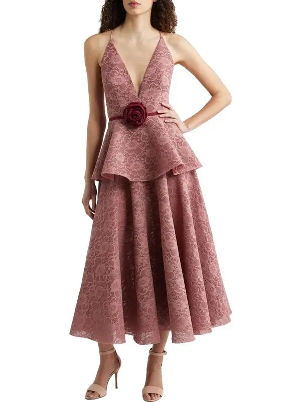 Black Halo Almira Floral Lace Peplum Cocktail Dress - Desert Rose