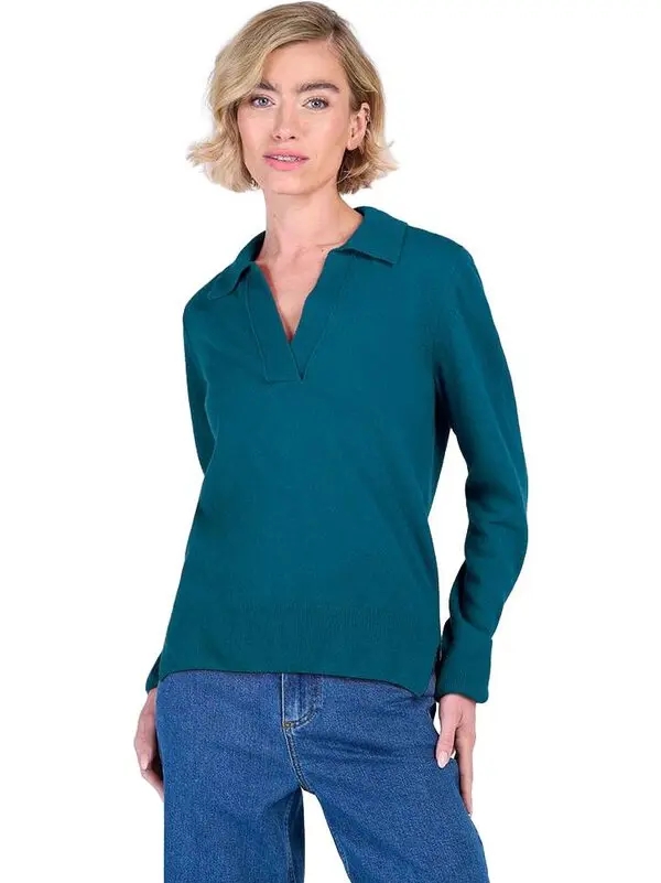 KETTLEWELL Long Sleeve Collared V-neck Sweater - Deep Teal