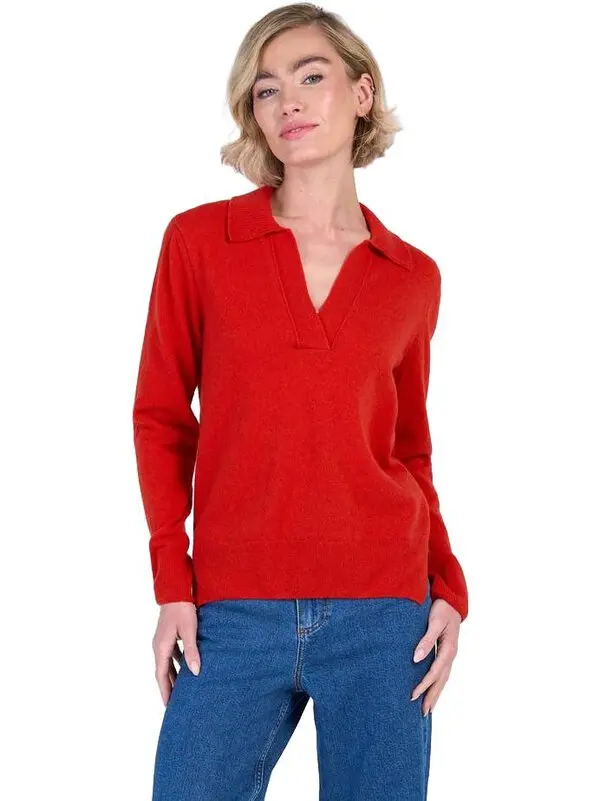 KETTLEWELL Long Sleeve Collared V-neck Sweater - Geranium