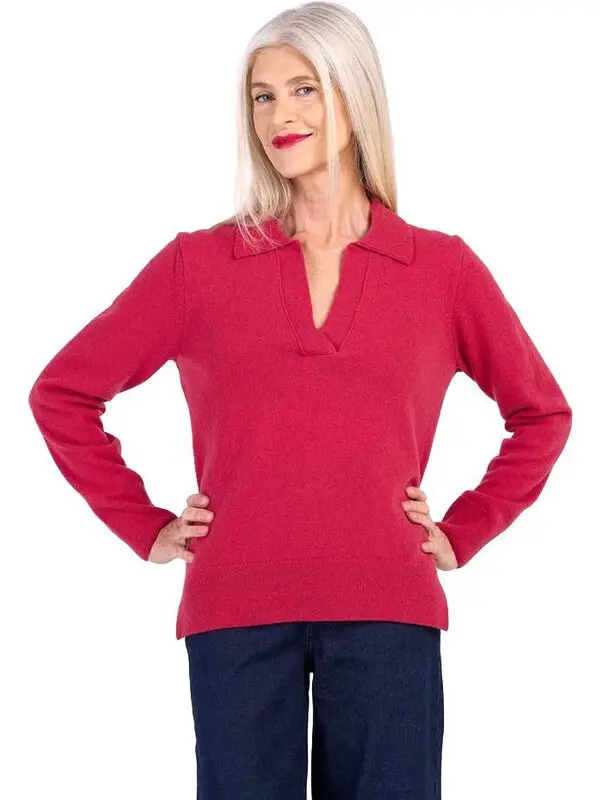 KETTLEWELL Long Sleeve Collared V-neck Sweater - Soft Raspberry