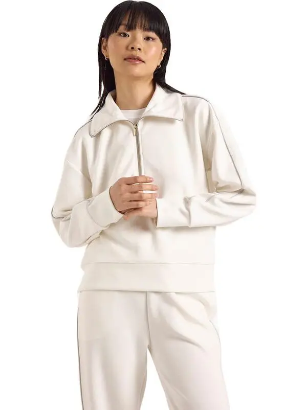 BRODIE CASHMERE Jersey Half Zip Sweatshirt With Piping Detail - Ivory