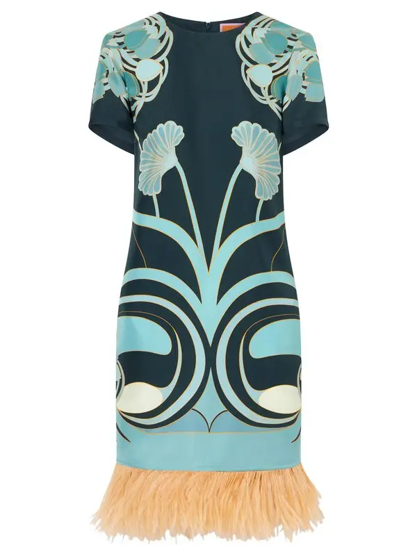 La DoubleJ Swing Printed Feather-trimmed Mini Dress - Green