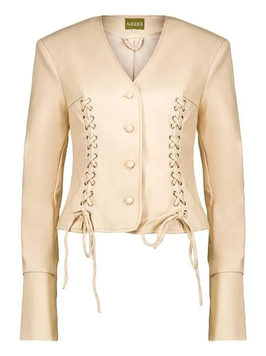 SAEMDI Fitted Vegan Leather Jacket - Beige