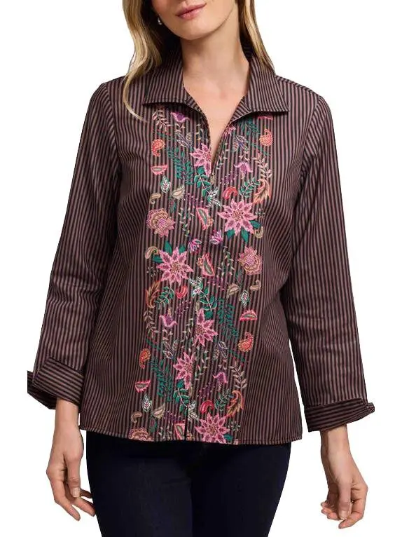 Foxcroft Agnes Floral Stripe Cotton Poplin Popover Top - Brown Multi