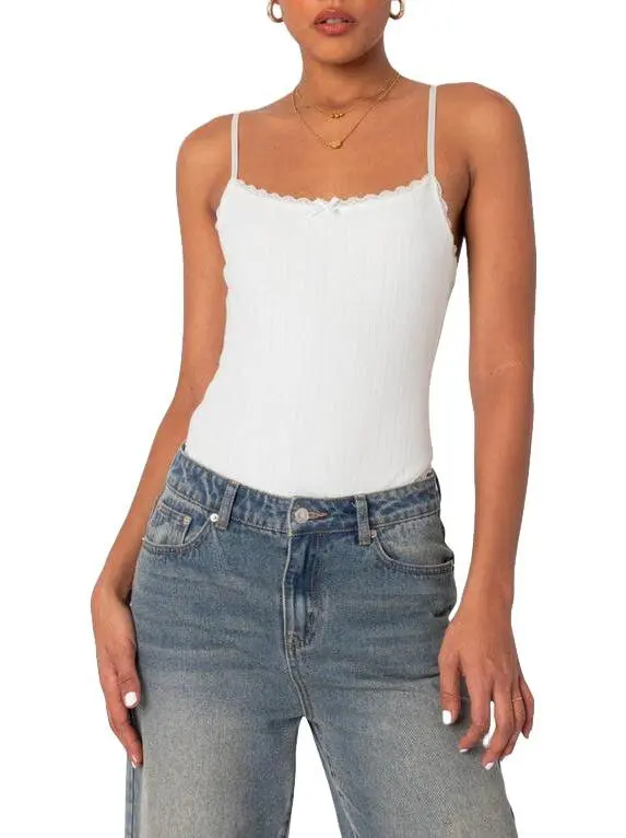 EDIKTED Pointelle Lace Trim Bodysuit - White