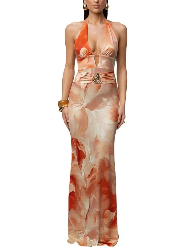 JLUXLABEL Floral Blossom Print Maxi Dress - Orange