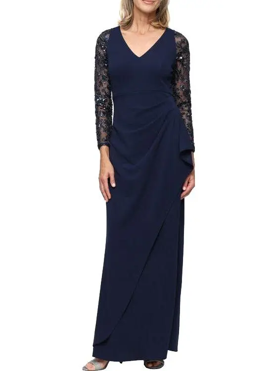 SL FASHIONS Beaded Sleeve Crepe Gown - Navy