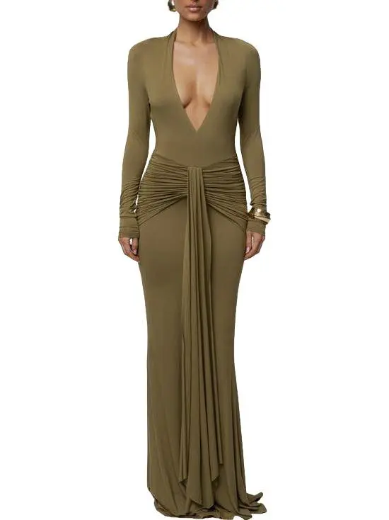 JLUXLABEL Maxi Dress With Open Back And Ruching - Olive