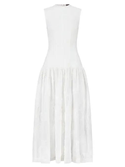 Lela Rose Ribbon Embroidered Cotton Combo Dress - White