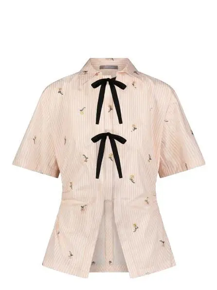 Lela Rose Embroidered Striped Cotton Shirt With Bow Detail - Blush