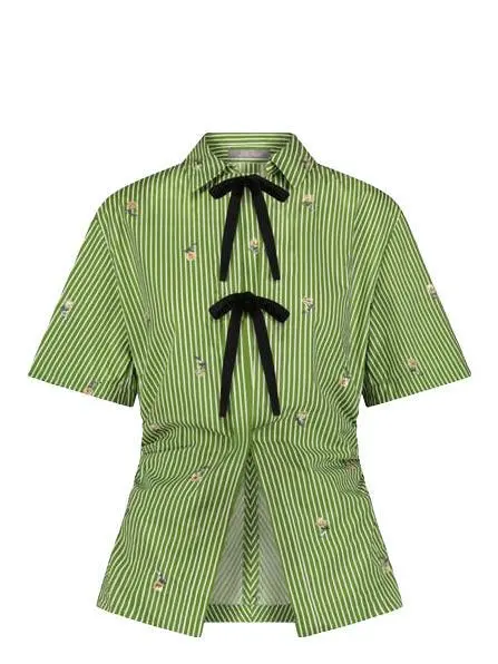 Lela Rose Embroidered Striped Cotton Shirt With Bow Detail - Cactus