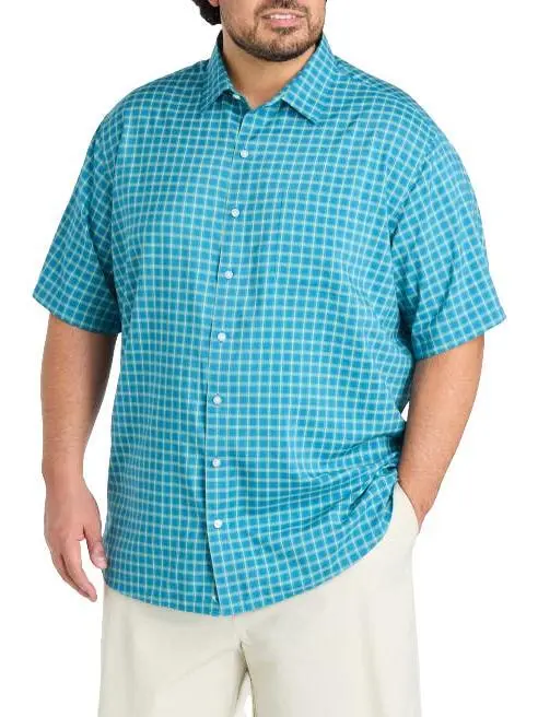 HARBOR BAY BY DXL Big & Tall Microfiber Plaid Sport Shirt V2 - Navy