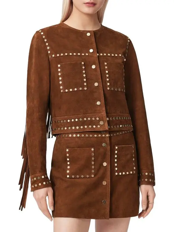 ALLSAINTS Alice Fringe Suede Western Jacket - Cognac Brown