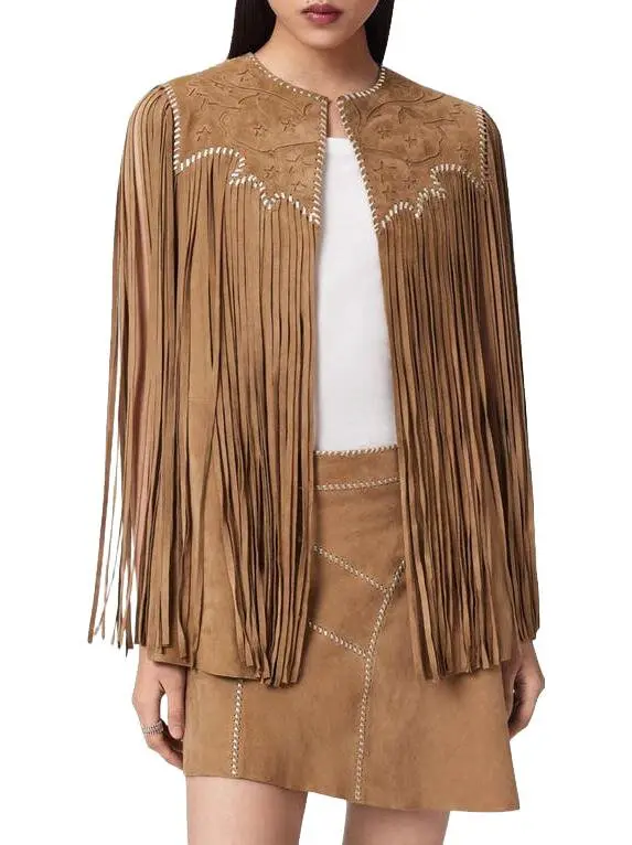 ALLSAINTS Carter Fringe Leather Vest - Sand Brown